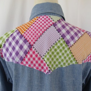 Vintage 70s Patchwork Print Light Denim Cotton Snap Blouse Western Shirt Pockets Retro Country ...
