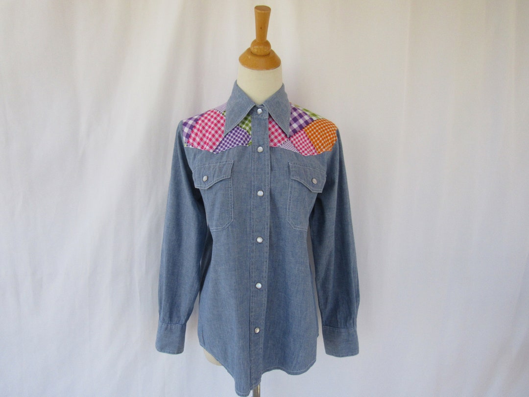 Vintage 70s Patchwork Print Light Denim Cotton Snap Blouse Western Shirt Pockets Retro Country ...