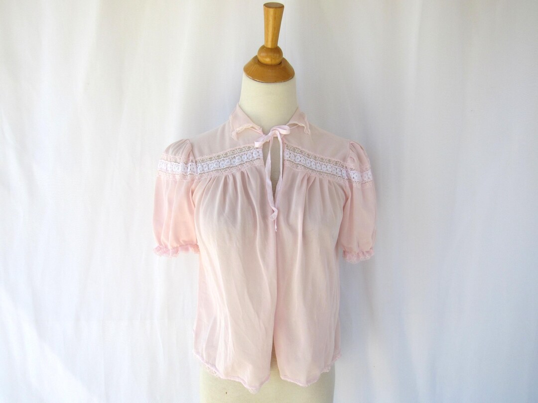 Vintage 40s 50s Pale Nylon Bed Jacket: Lace Trim Ribbon Tie Capelet ...