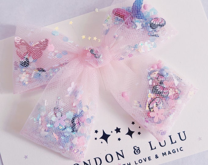 Butterfly Tulle Shaker Glitter Hair Bow Pink Blue Fairy Sprinkles Hair ...