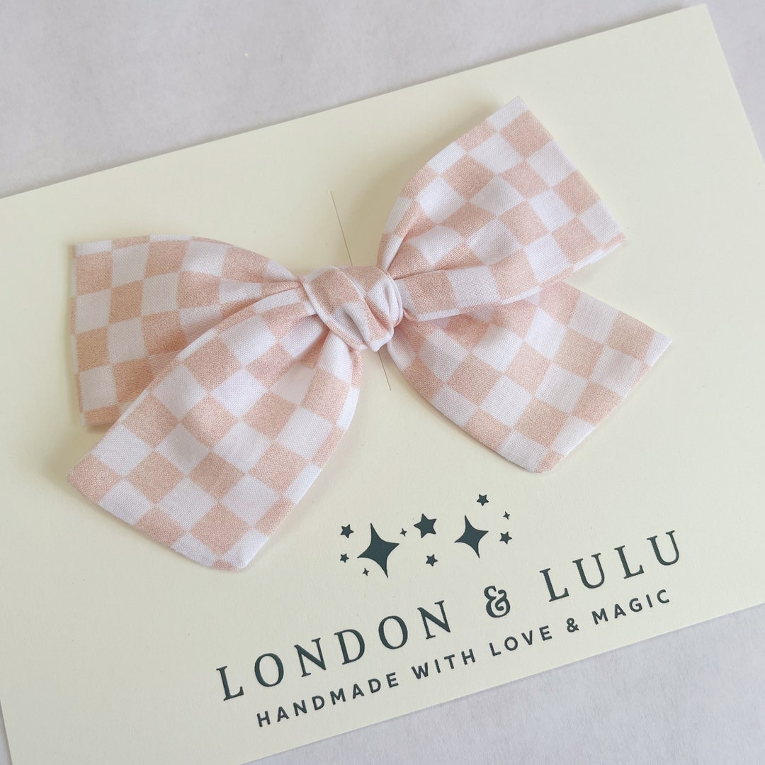 Peach + White Checkers Hair Bow Girls Clip Toddler Pigtails Baby Nylon ...
