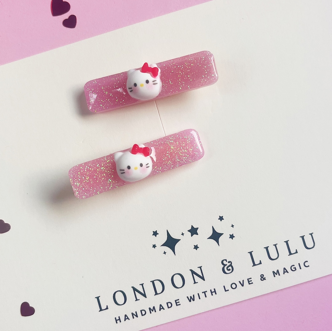 Valentines Pink Glitter Kitty Pigtail Bows Set Handmade Resin Hair ...