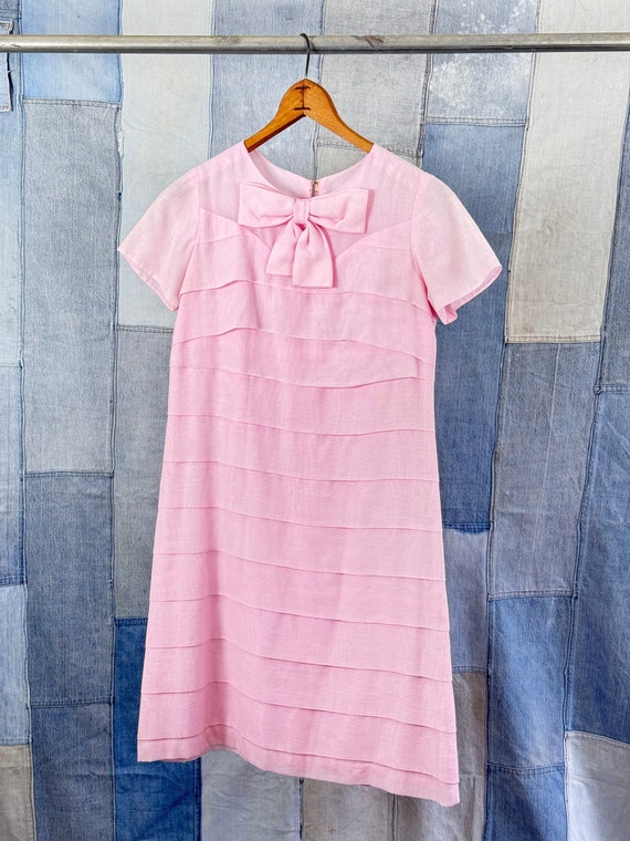 1960s Bow Ruffle Pink Shift Dress - Gem