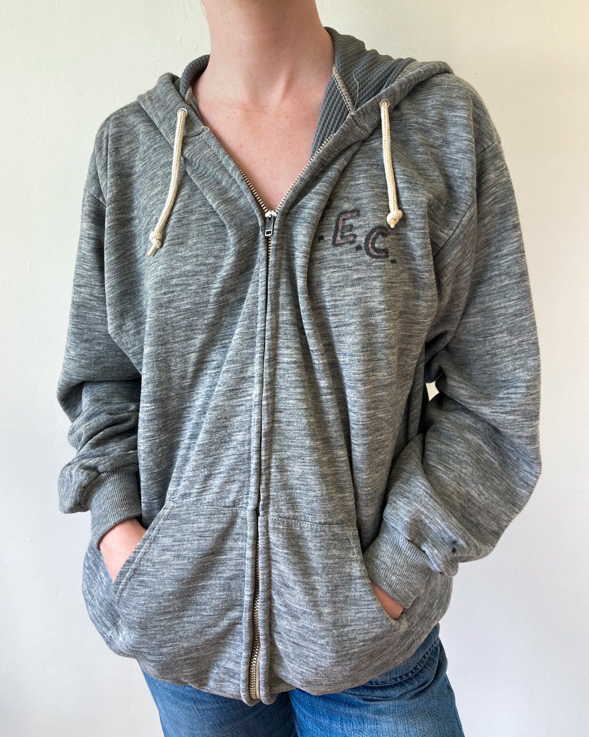 FEC Waffle Knit Vintage Heather Gray Zip Hoodie | large
