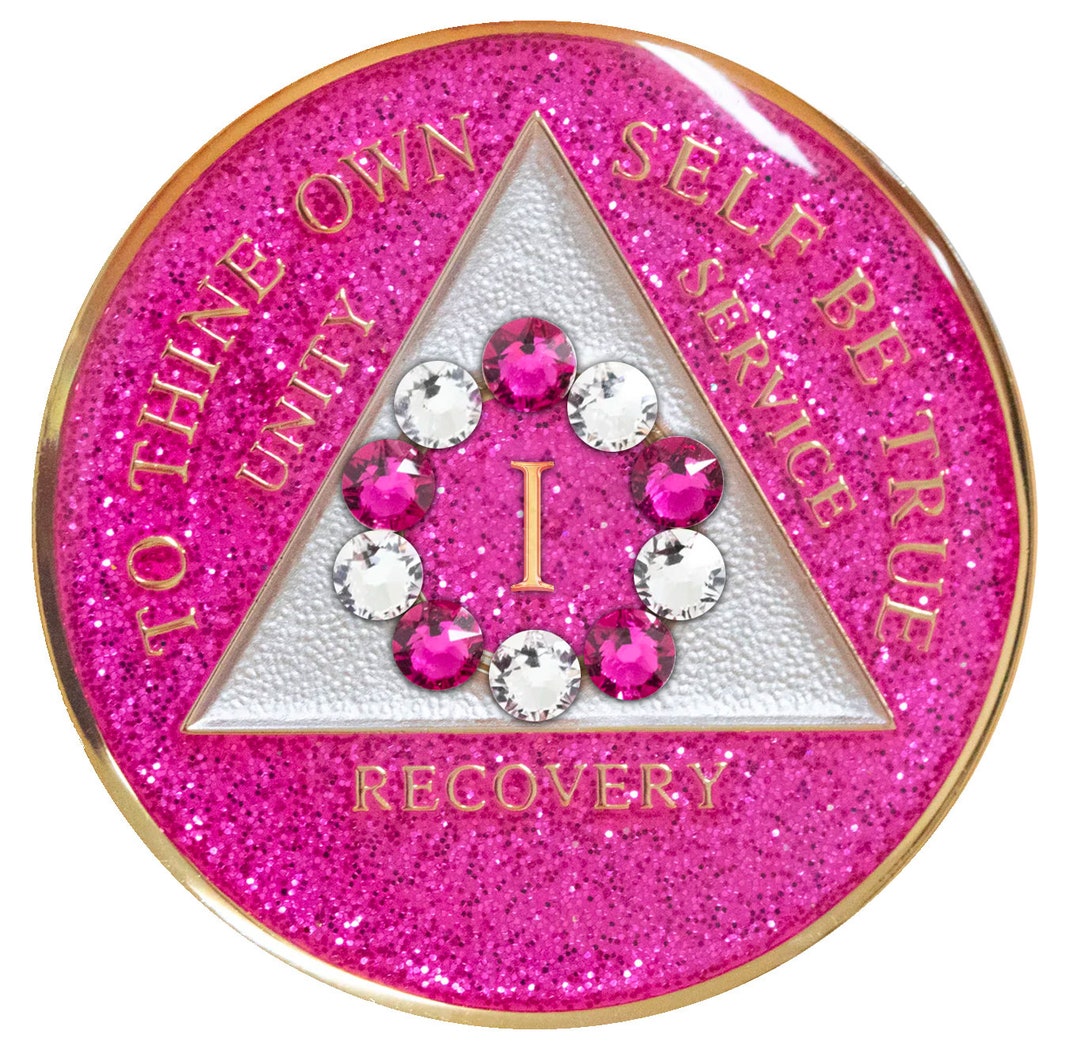 AA Recovery Medallion - 10th Step Diamond Crystallized on Glitter Pink ...