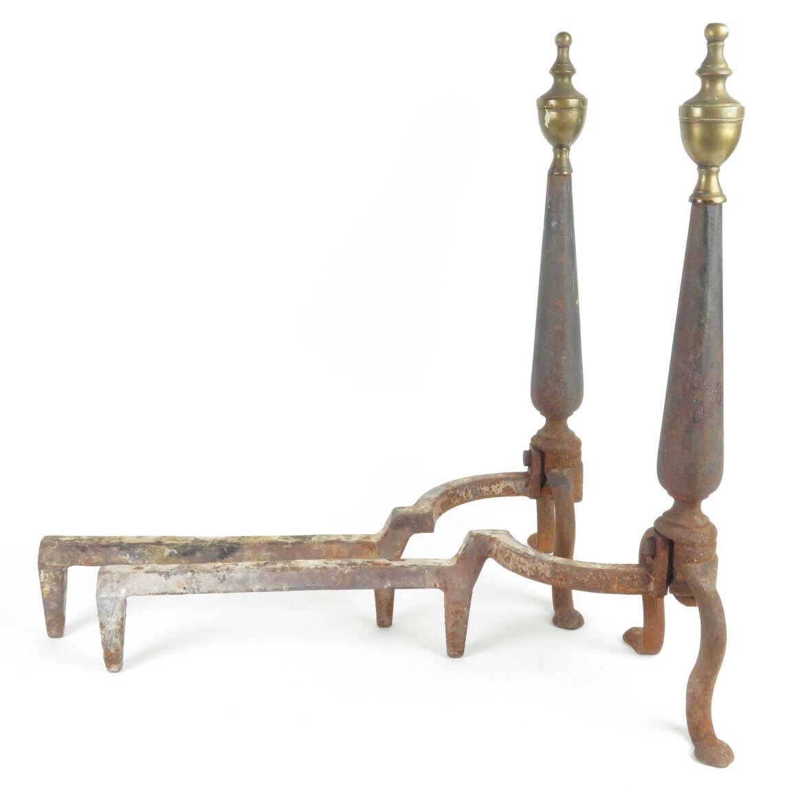Antique Fireplace Andirons Cast Iron Brass Finials Queen Anne Pad Feet ...