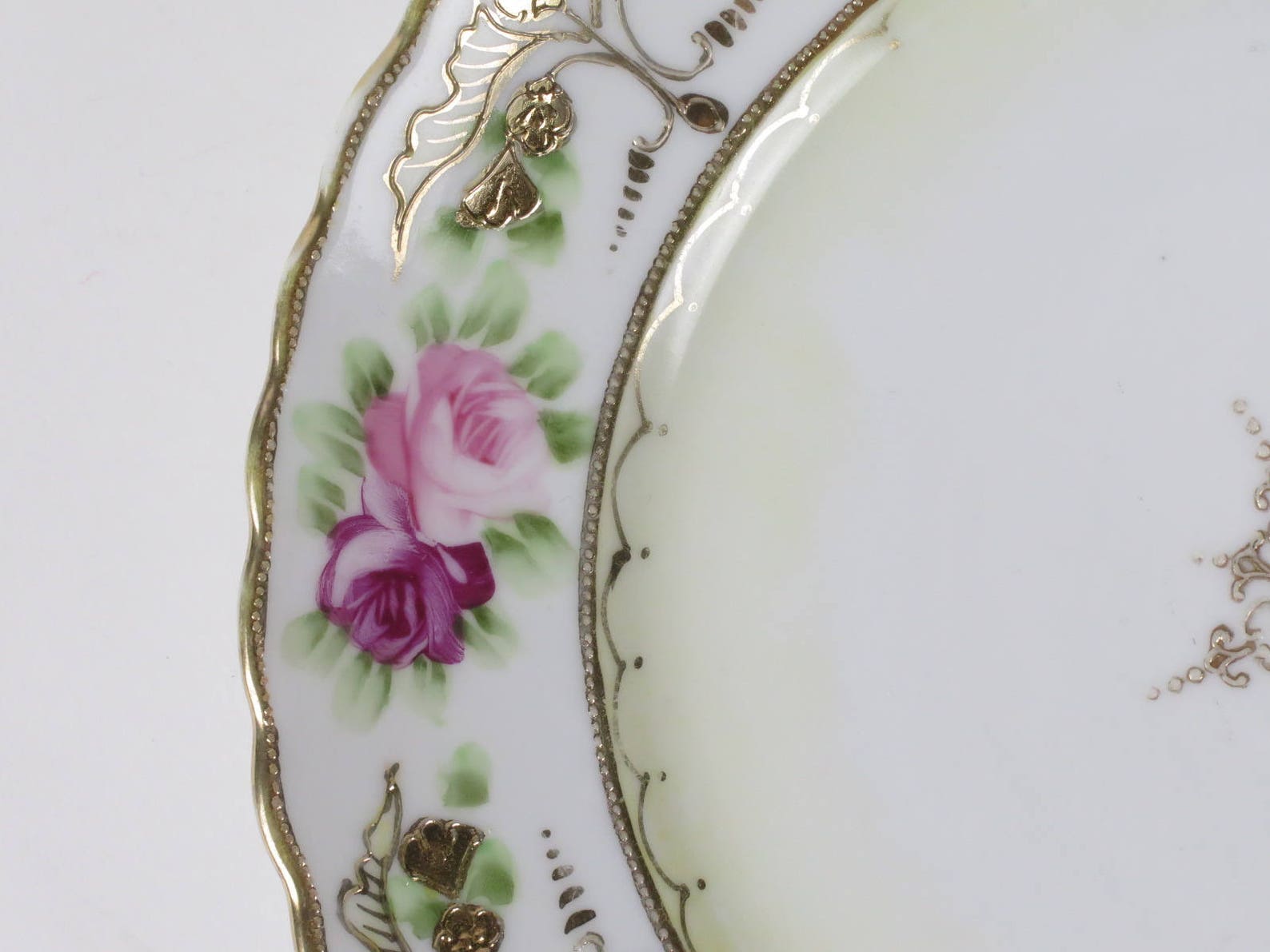 Antique Nippon Plate Morimura Gold Beading Pink Rose Scalloped Green ...