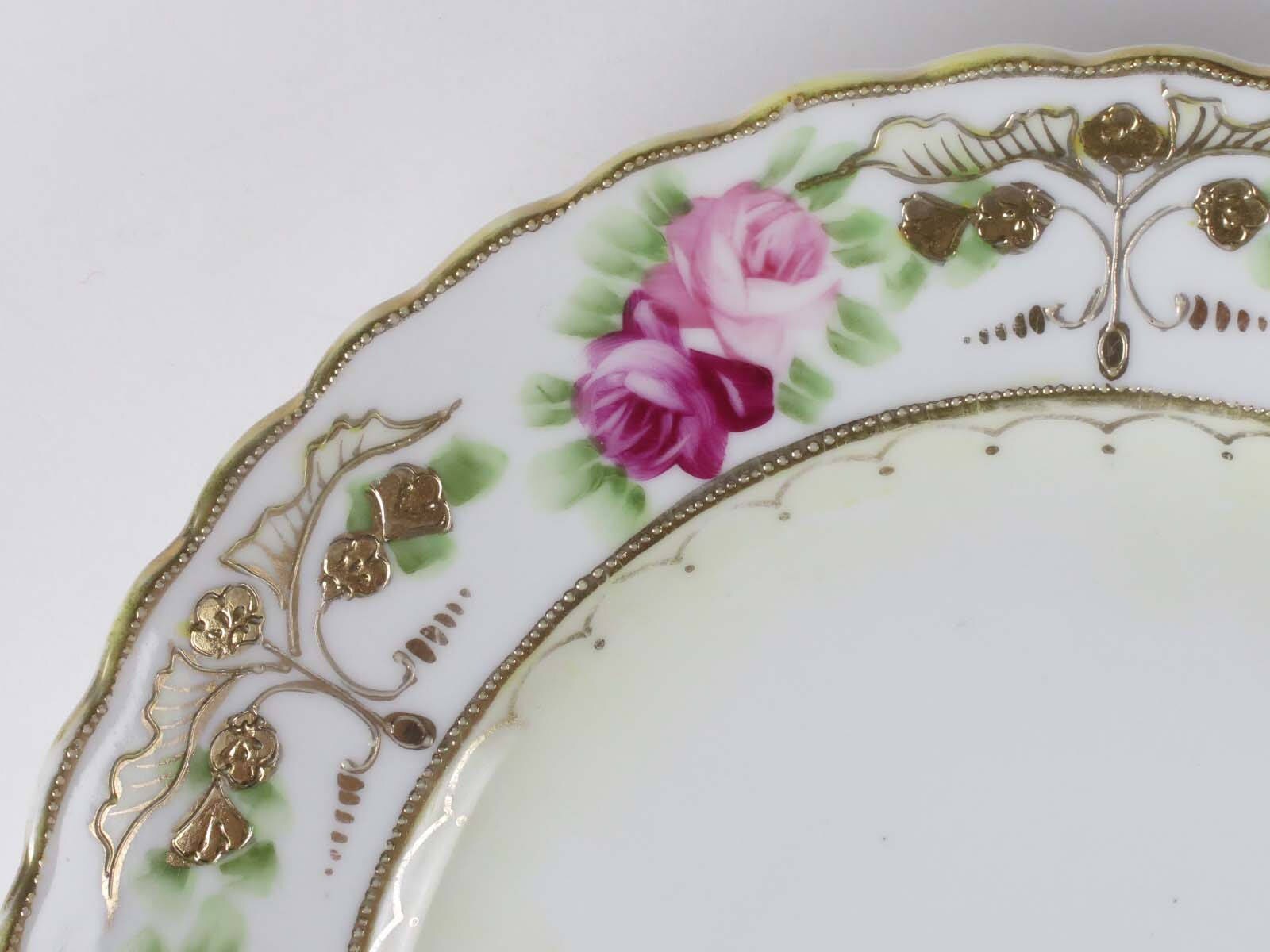 Antique Nippon Plate Morimura Gold Beading Pink Rose Scalloped Green ...