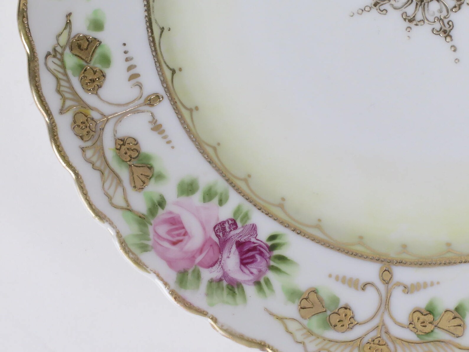 Antique Nippon Plate Morimura Gold Beading Pink Rose Scalloped Green ...