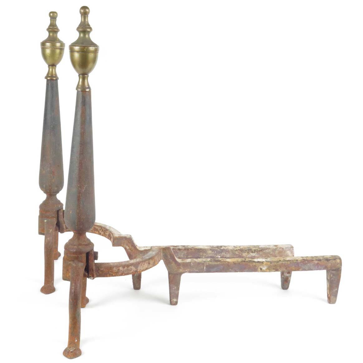 Antique Fireplace Andirons Cast Iron Brass Finials Queen Anne Pad Feet ...