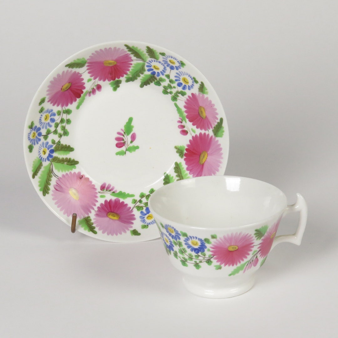 Antique Tea Cup Saucer Set 4 Soft Paste Porcelain Staffordshire Pink ...