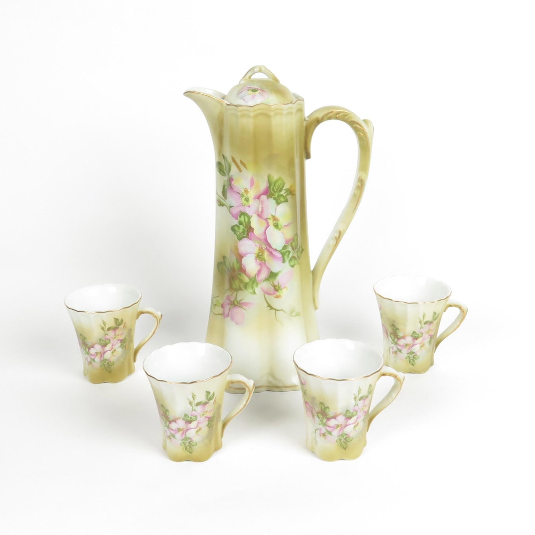 Nippon Chocolate Set Hand Painted Wild Rose Green Vintage Pot 4 Cups - Etsy