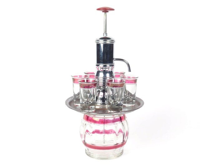 Vintage Decanter Set Pump Shot Glass Cranberry Hazel Atlas Mid Century ...