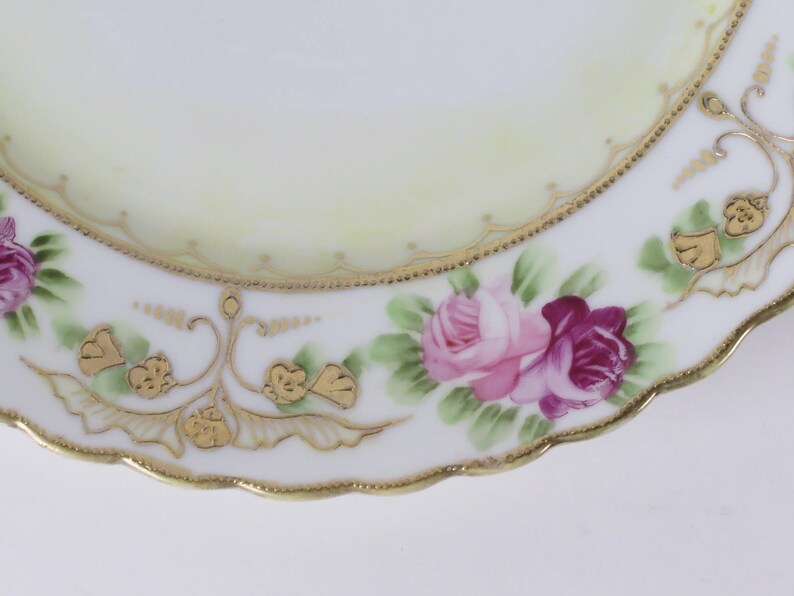 Antique Nippon Plate Morimura Gold Beading Pink Rose Scalloped Green ...