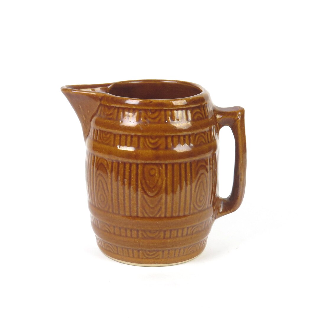 Vintage Brown Barrel Pitcher Stoneware Woodgrain Water Milk - Etsy