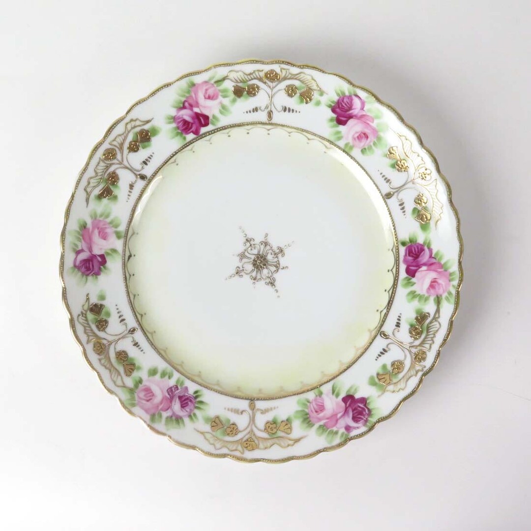 Antique Nippon Plate Morimura Gold Beading Pink Rose Scalloped Green ...