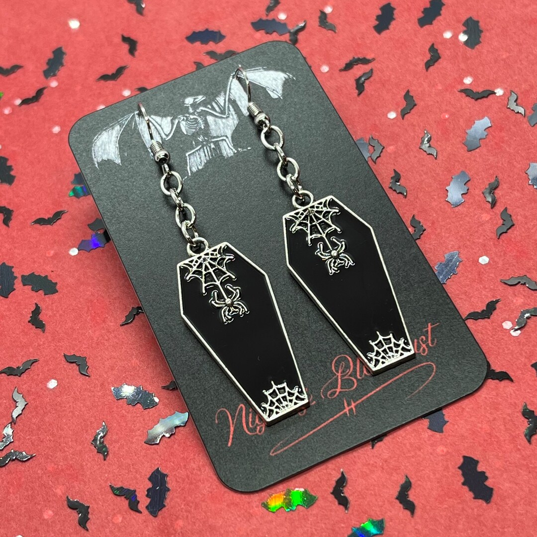 Black Coffin With Spider in Spider Web Dangling Charm Earrings V2.0 - Etsy
