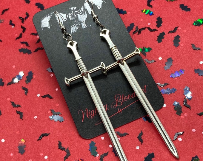 Big Sword Hoop Earrings, Silver Earrings With Swords, Warrior Earrings ...