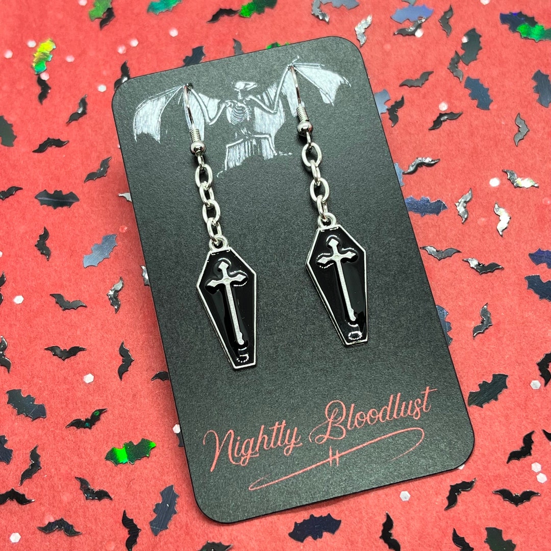 Coffin With Cross Charm Dangling Earrings in Black, Red, or Purple V2.0 ...