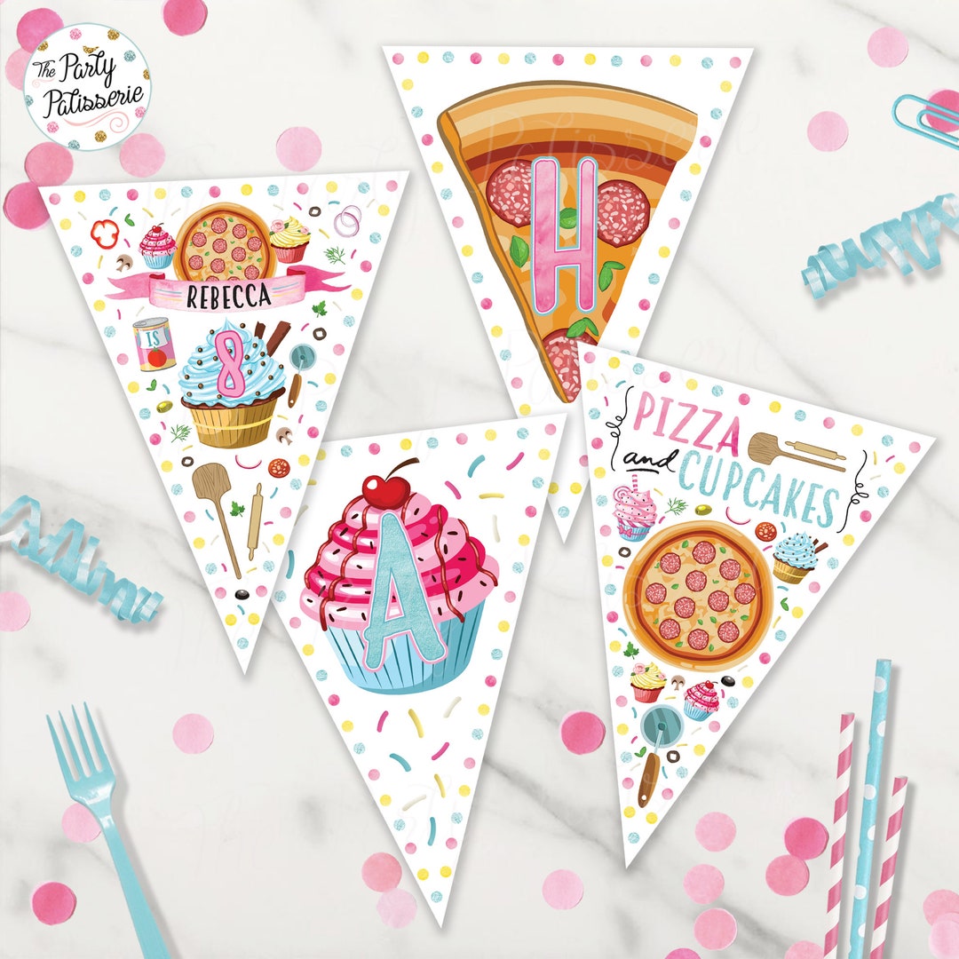 Pizza and Cupcake Party Banner, Printable Banner, Pennant, Pizza Banner ...