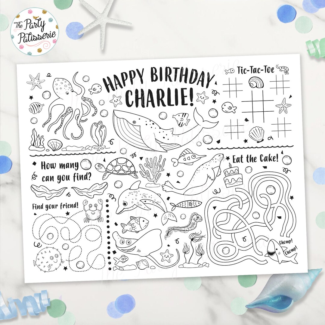 Sea Animal Coloring Placemat, Sea Creatures, Under the Sea ...