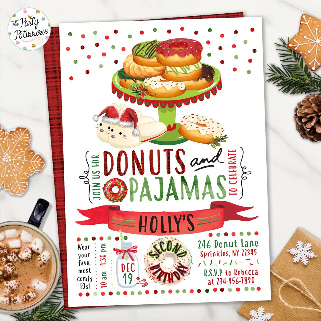 Christmas Donuts and Pajamas Birthday Invitation, Donut Party, Digital ...