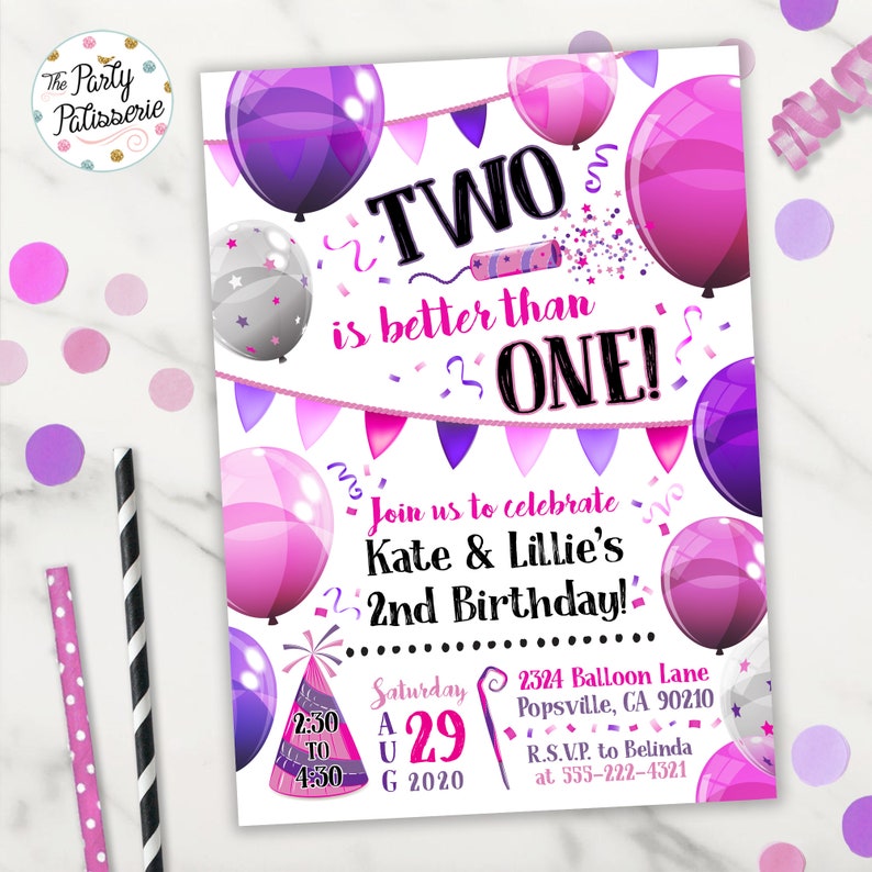 Twins Birthday Invitation, Girls Two Are Better Than One, Two Year Old ...