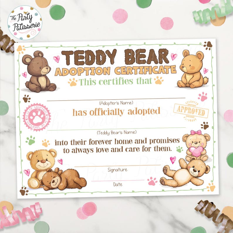 Printable Teddy Bear Adoption Certificate and Sign - Etsy