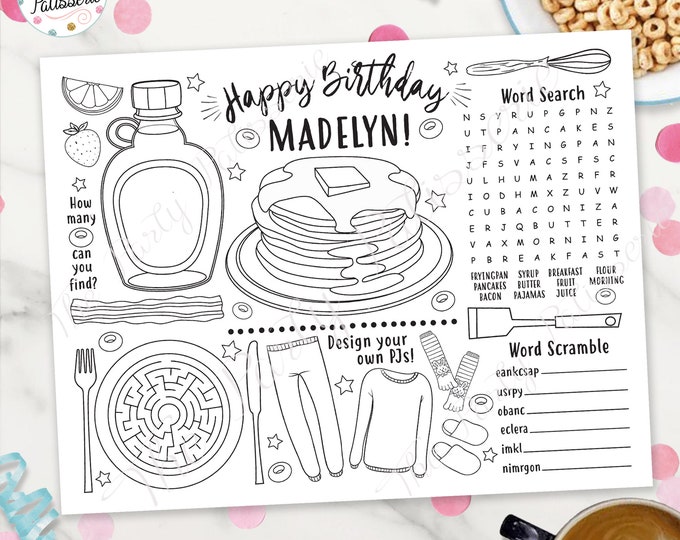 Printable Pancakes and Pajamas Coloring Placemat, Personalized, Digital ...