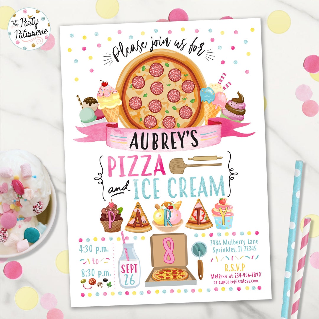Pizza and Ice Cream Birthday Party Invitation, Digital File, Printable ...