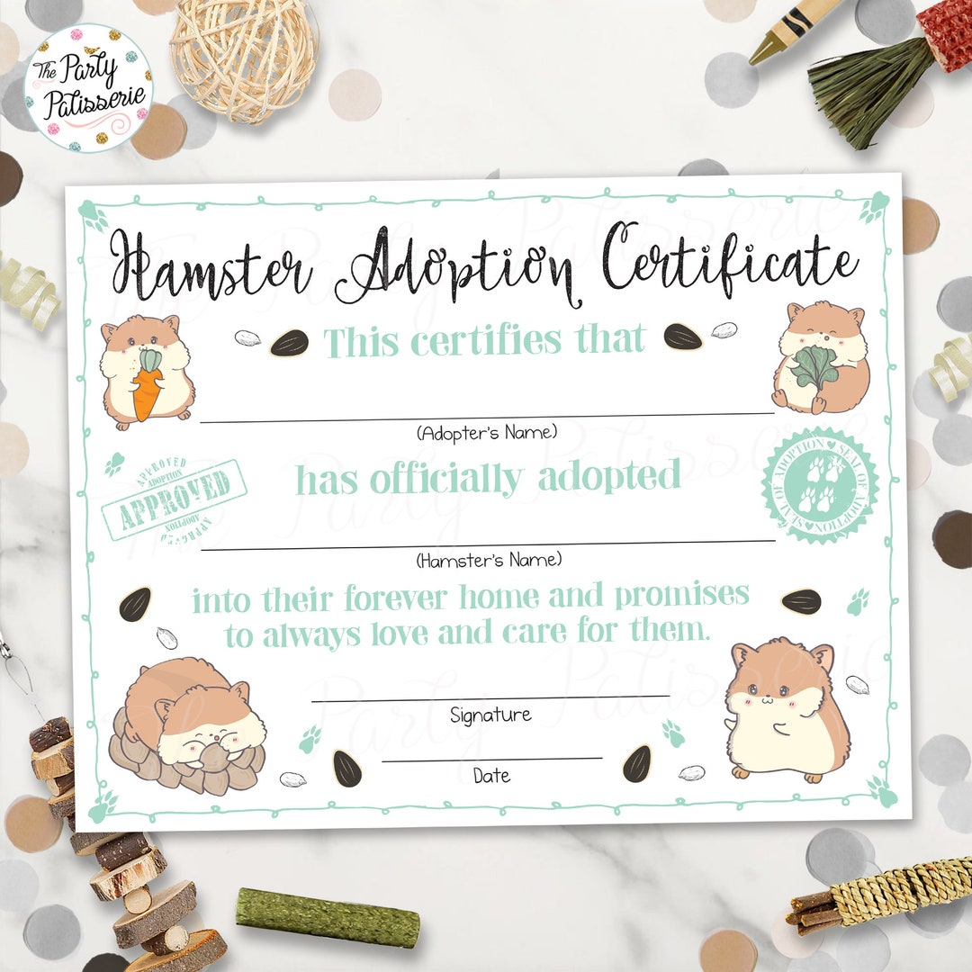 Printable Hamster Adoption Certificate, Hamster Birthday, Hamster Party ...