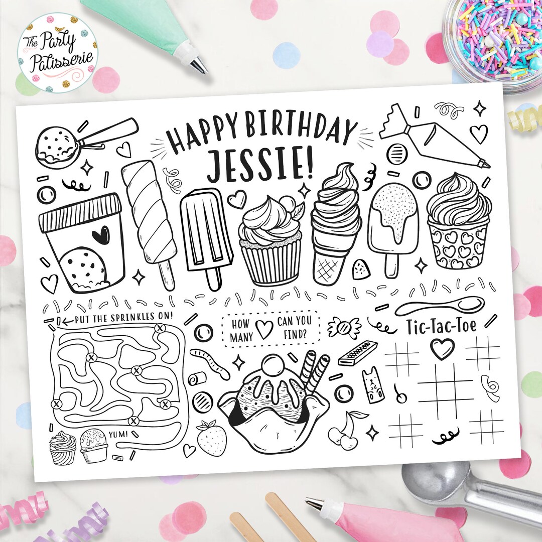 Ice Cream Popsicle Cupcake Coloring Placemat, Printable, Personalized ...