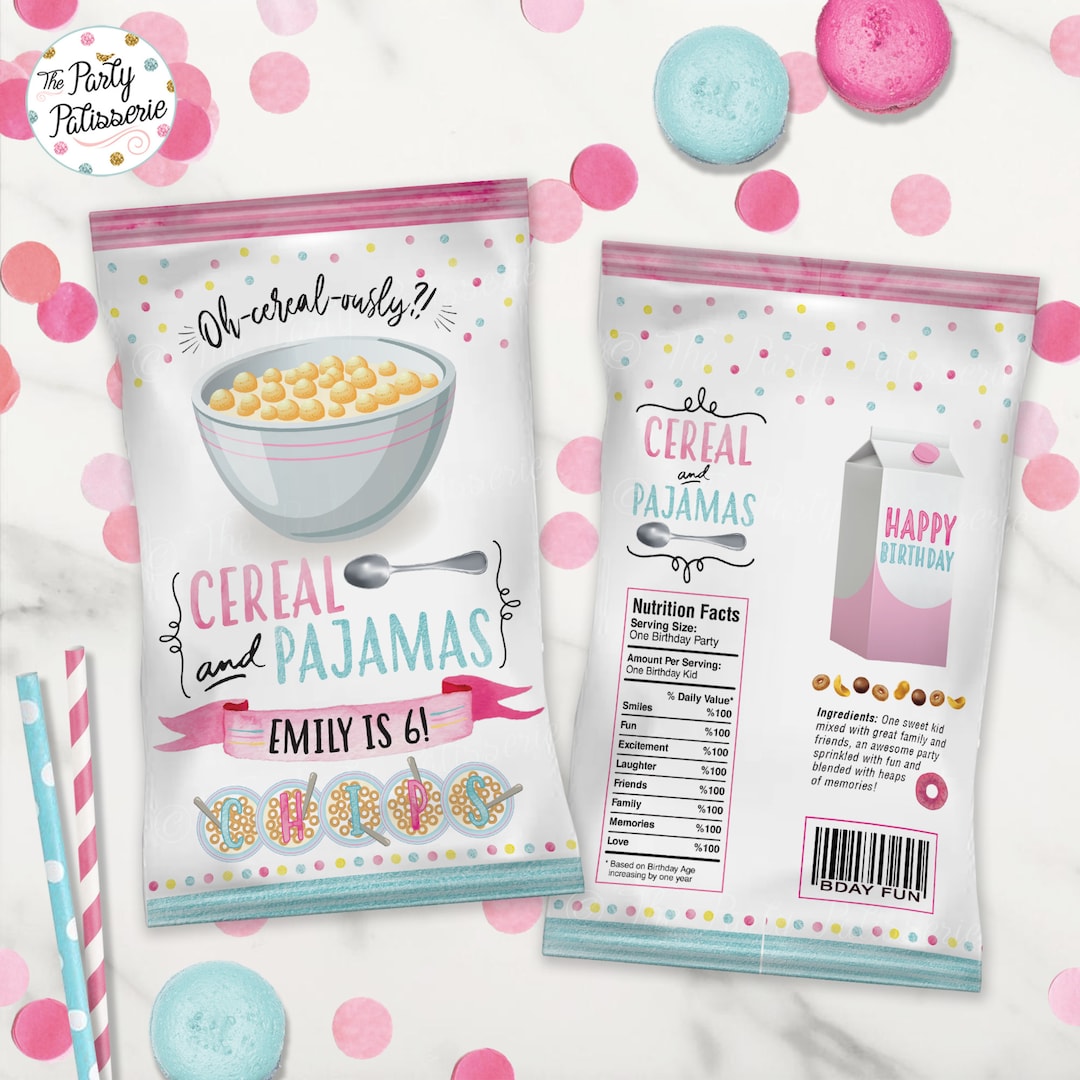 Cereal and Pajamas Printable Chip Bag, Chip Label, Digital File, Cereal Party, Slumber Party, PJ ...