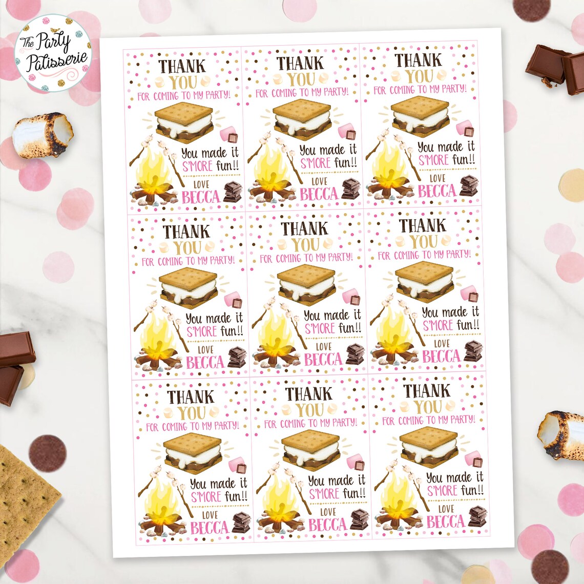 Smore Birthday Thank You Tags, 2.5"x3.5", S'more Favor Tags, Smores ...
