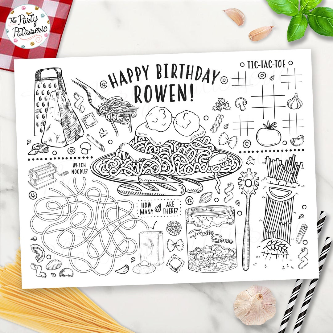 Printable Spaghetti Coloring Placemat, Pasta Party, Personalized ...