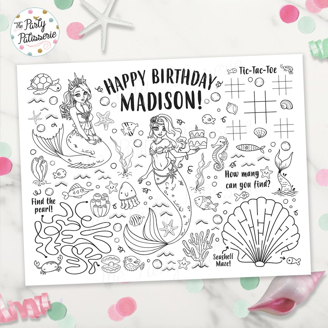 Mermaid Coloring Placemat, Under the Sea, Personalized, Digital File ...