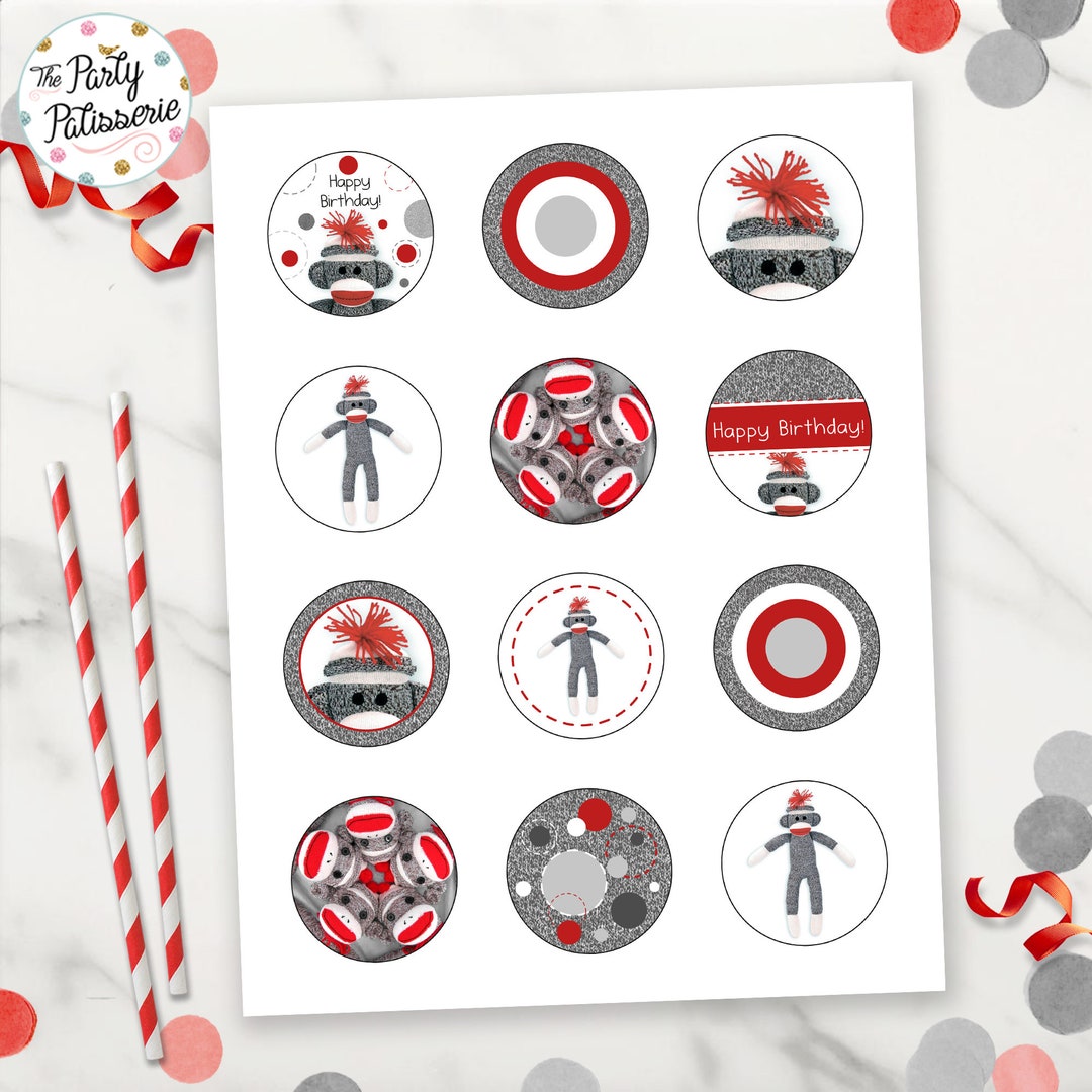 Sock Monkey Birthday Party Cupcake Circles, Cupcake Toppers, Instant ...
