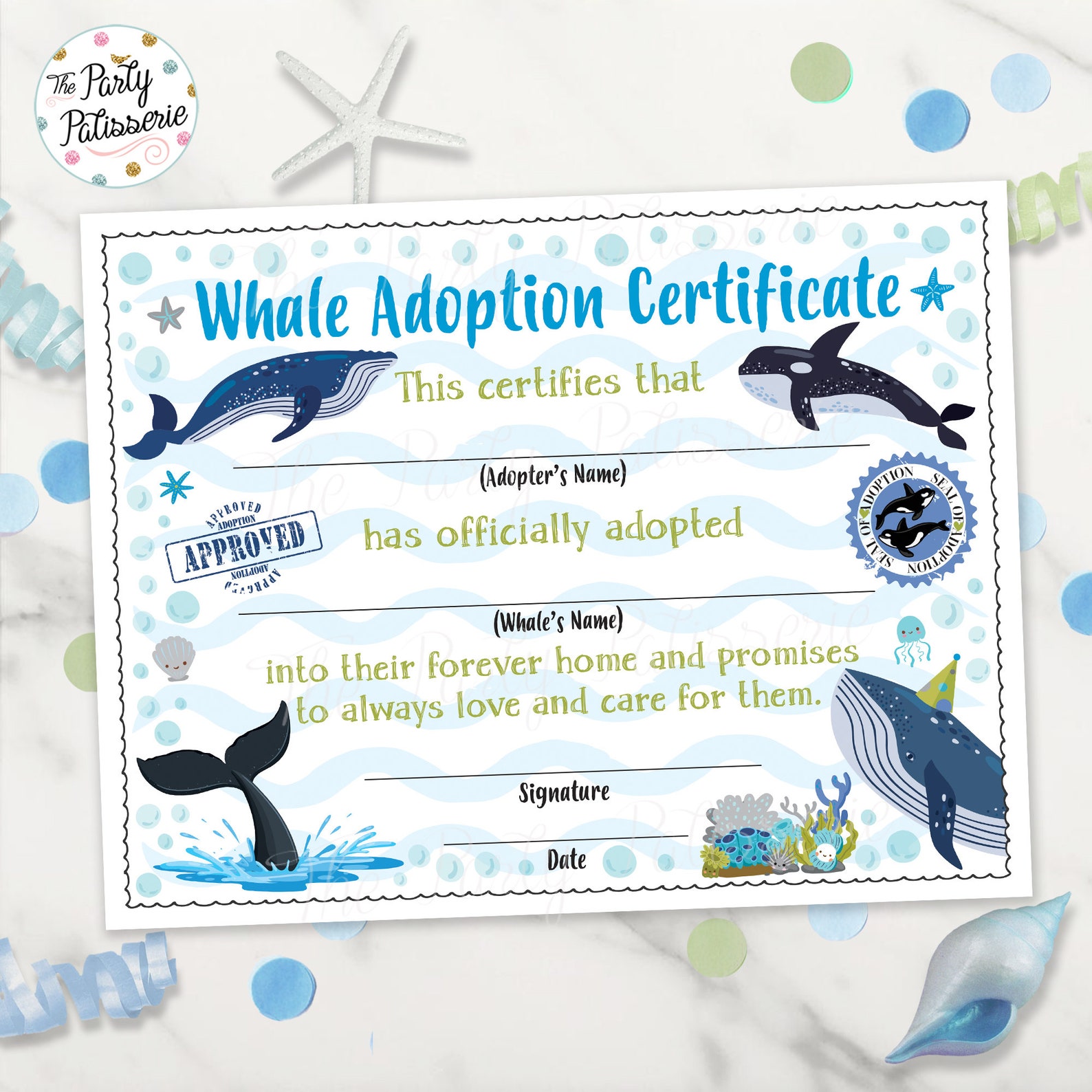 Whale Adoption Certificate, Adopt a Whale, Whale Birthday Party, Under ...