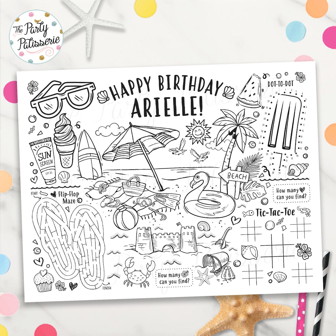 Printable Beach Coloring Placemat, Beach Party, by the Sea ...