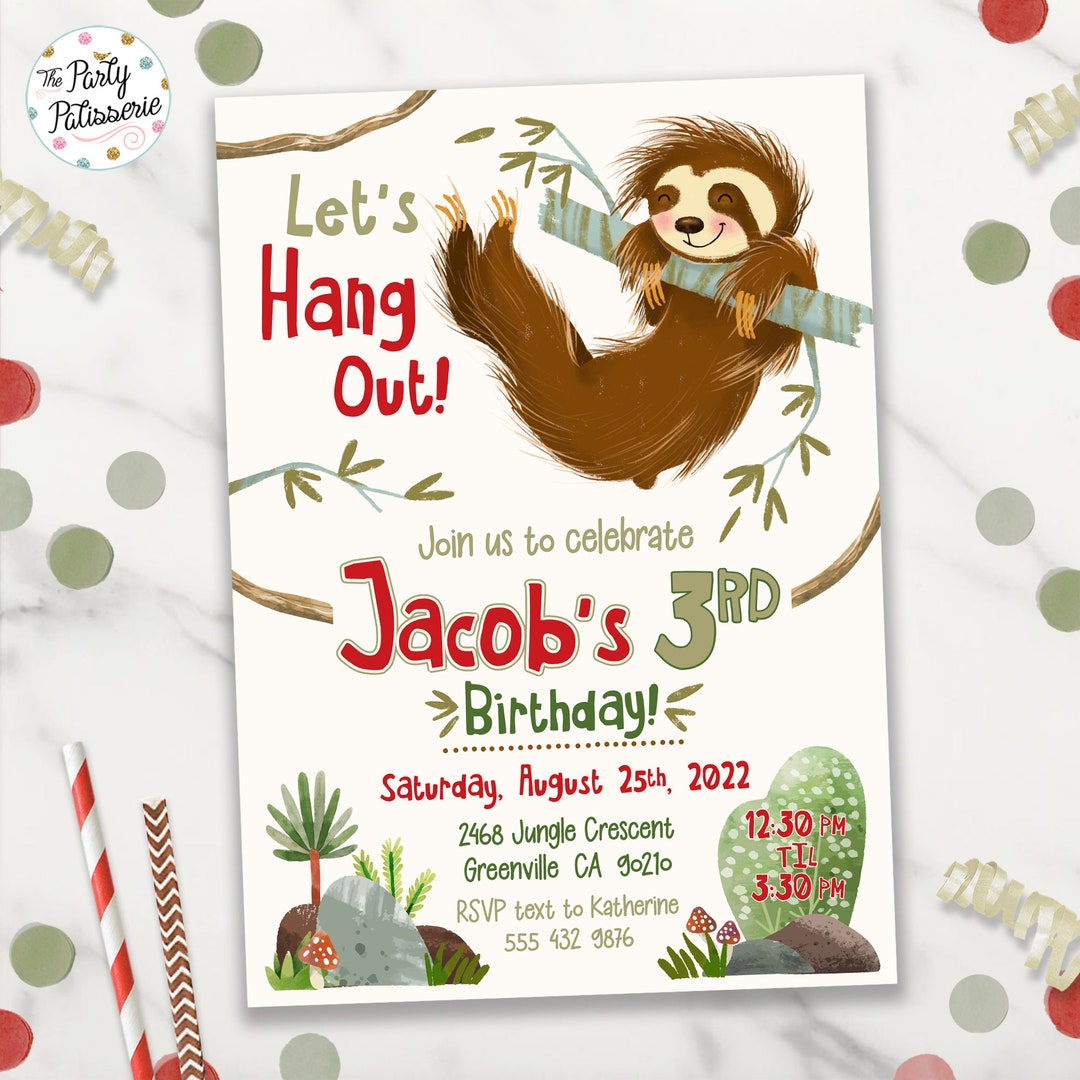 Sloth Birthday Invitation, Sloth Party, Digital File, Printable, Custom ...