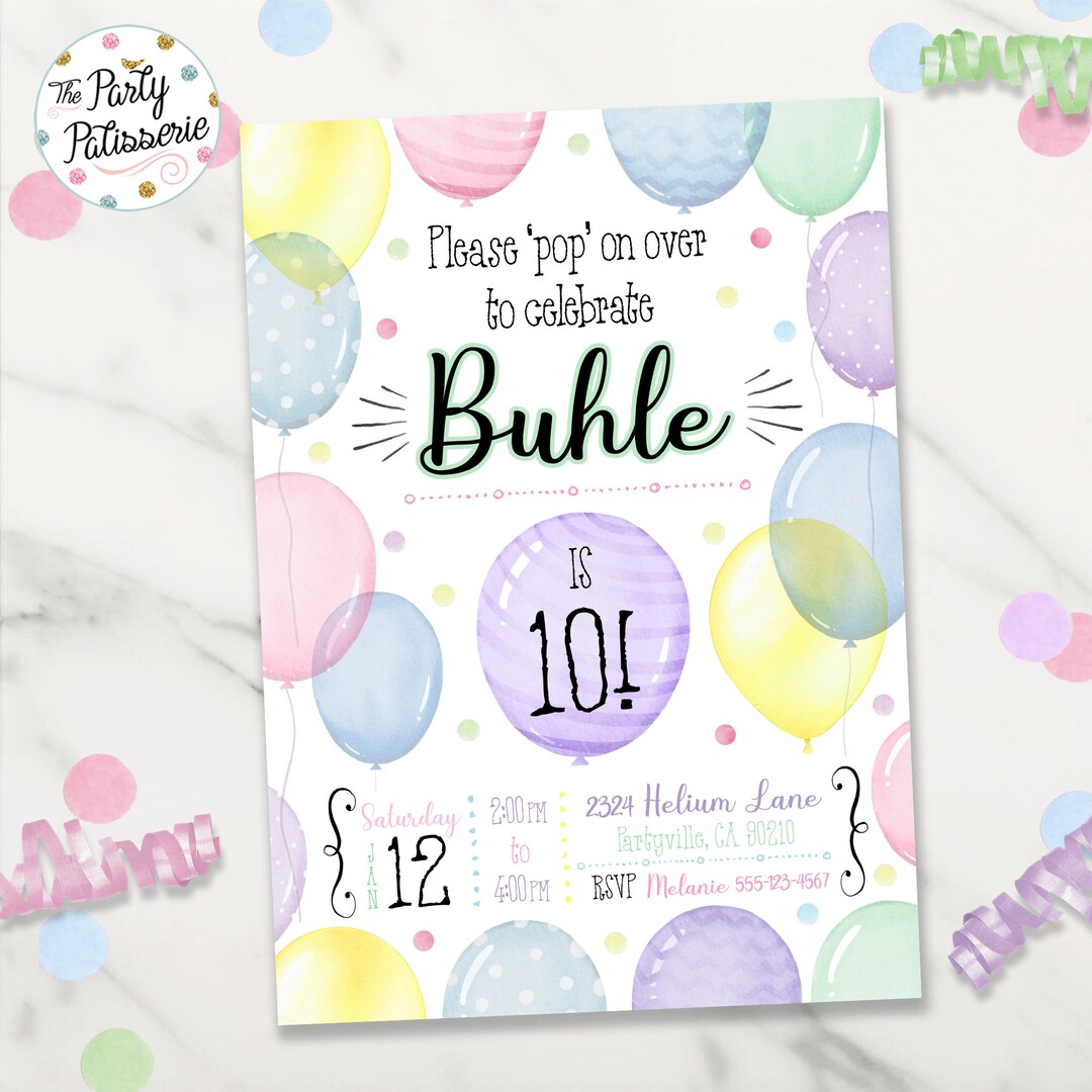 Watercolor Balloons Birthday Invitation, Balloon Birthday, Pastel ...
