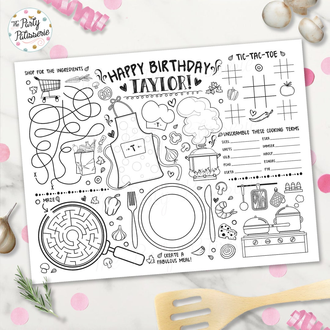 Cooking Party Coloring Placemat, Cooking Birthday, Personalized ...