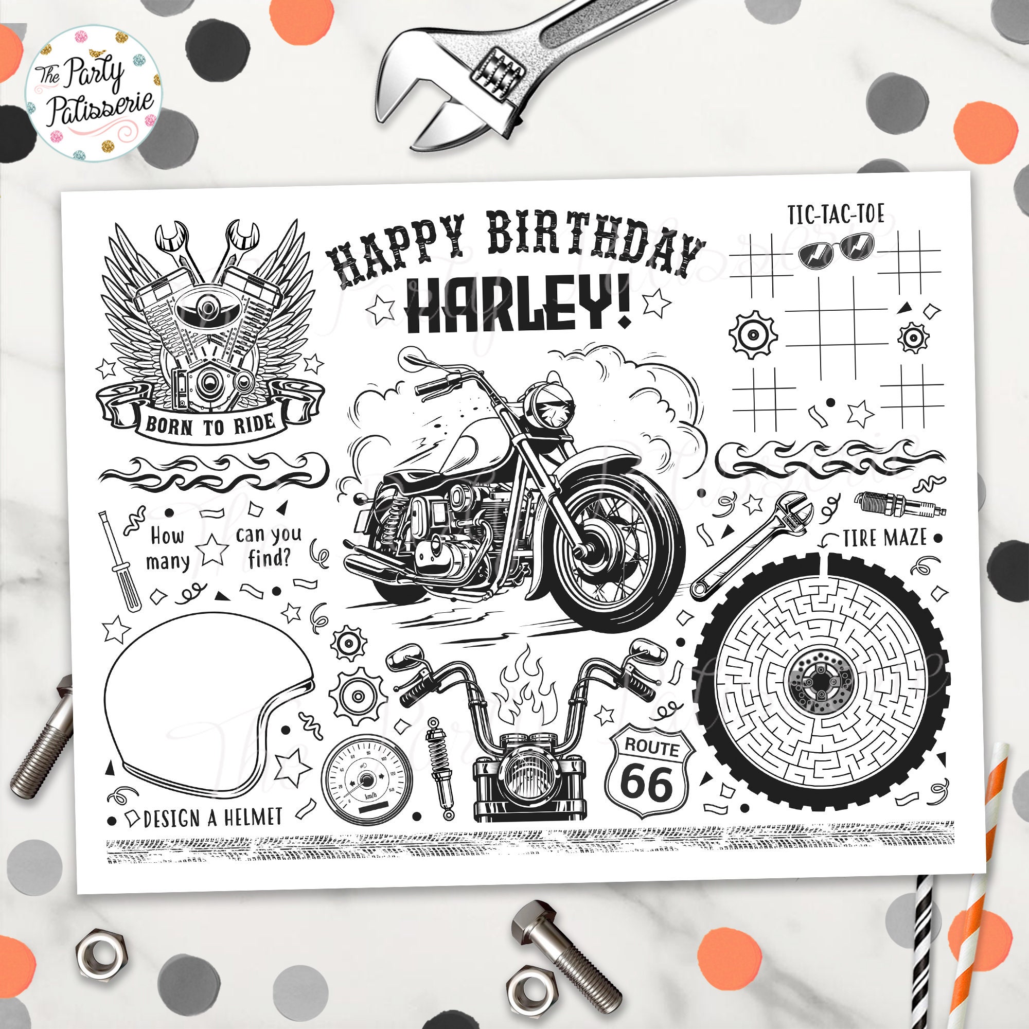 Motorcycle Coloring Placemat, Biker Birthday, Motorbike, Personalized ...