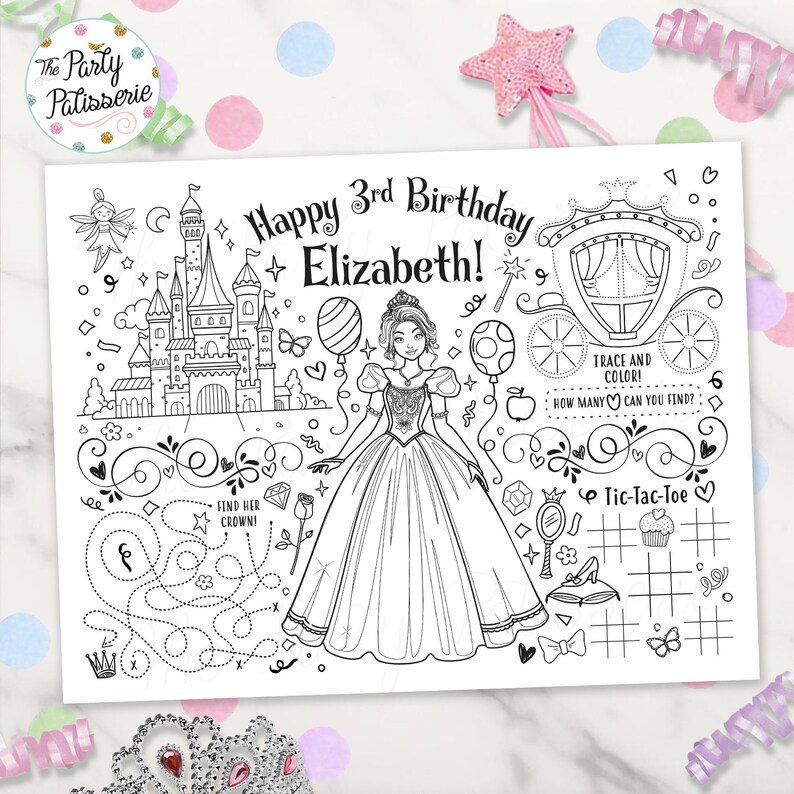 Printable Princess Coloring Placemat, Fairytale, Personalized, Digital ...
