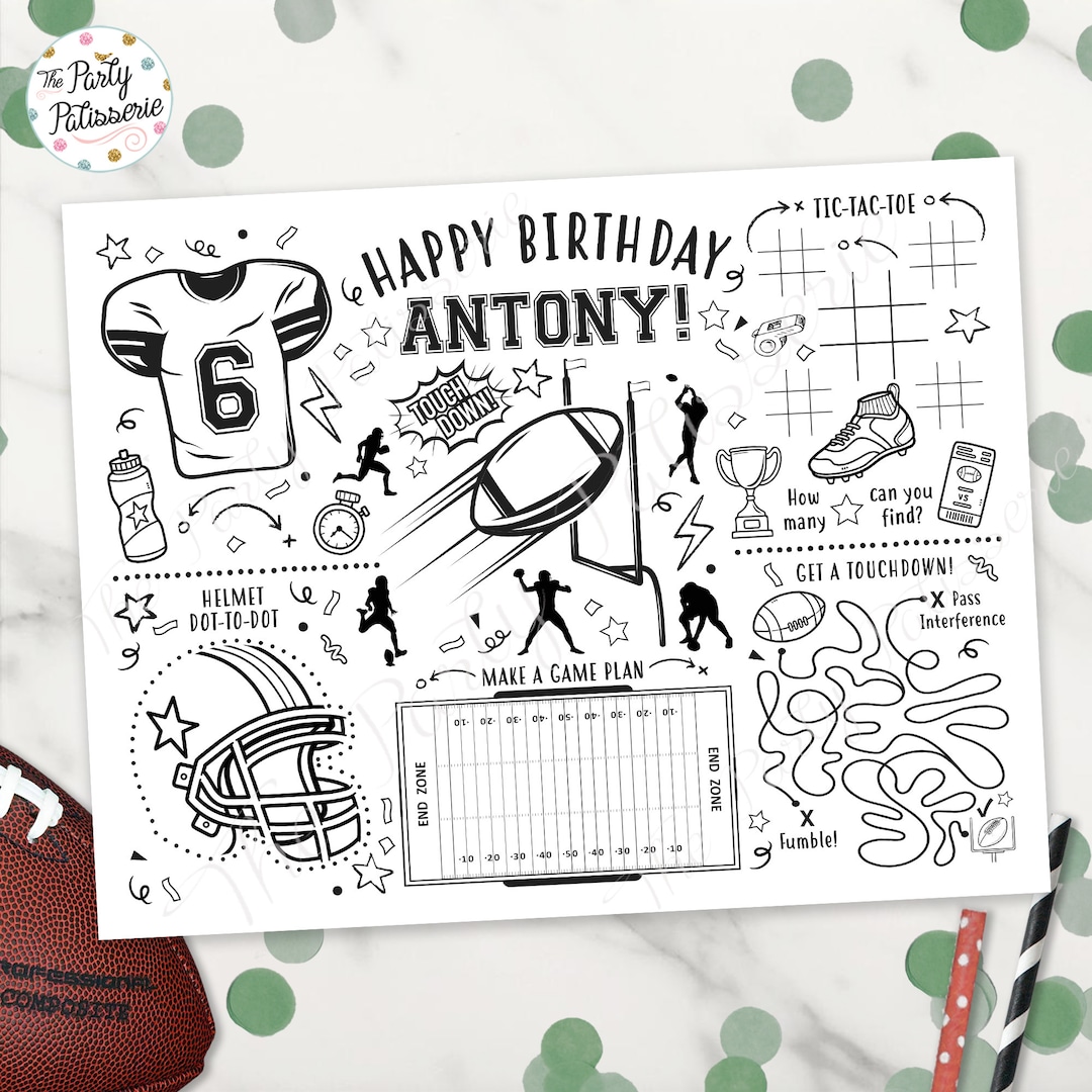 Football Coloring Placemat, Football Birthday, Personalized, Digital ...