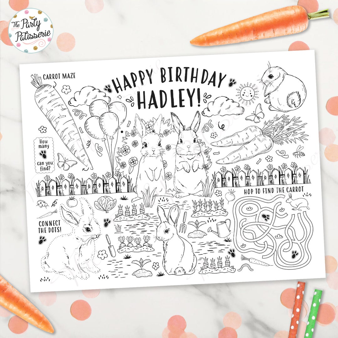 Printable Rabbit Coloring Placemat, Bunny Placemat, Personalized - Etsy