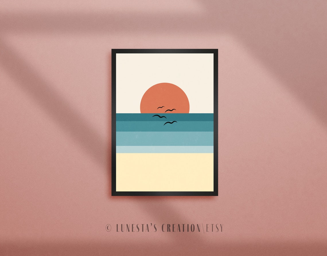 Geometric Sunset Ocean Print Abstract Beach Art Nordic Prints Scandi Wall Art Mid Century ...