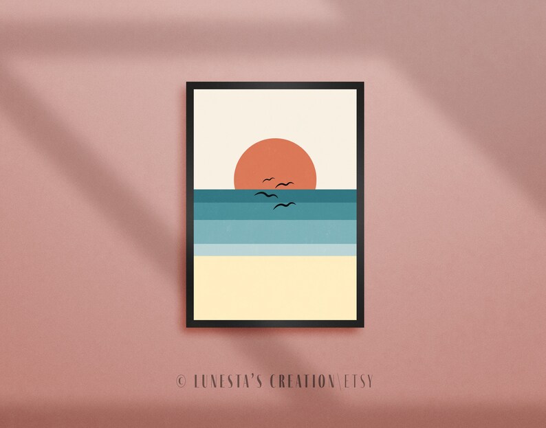 Geometric Sunset Ocean Print Abstract Beach Art Nordic Prints Scandi ...