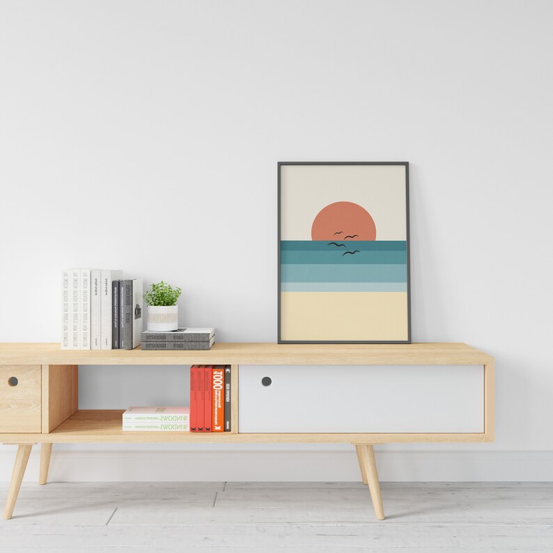 Geometric Sunset Ocean Print Abstract Beach Art Nordic Prints Scandi Wall Art Mid Century ...