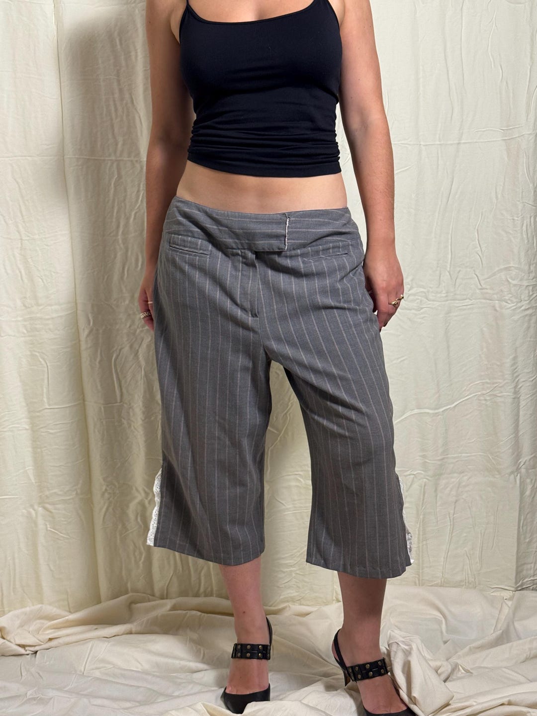 Reworked Pinstripe Capris, Gray Cropped Pants With White Lace Slit ...